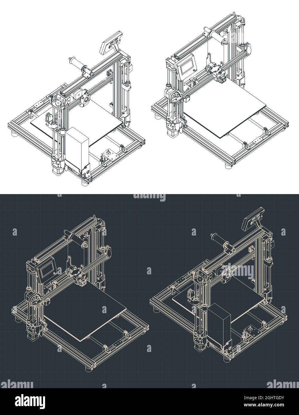 Stylized vector illustration of isometric blueprints of 3D printer ...