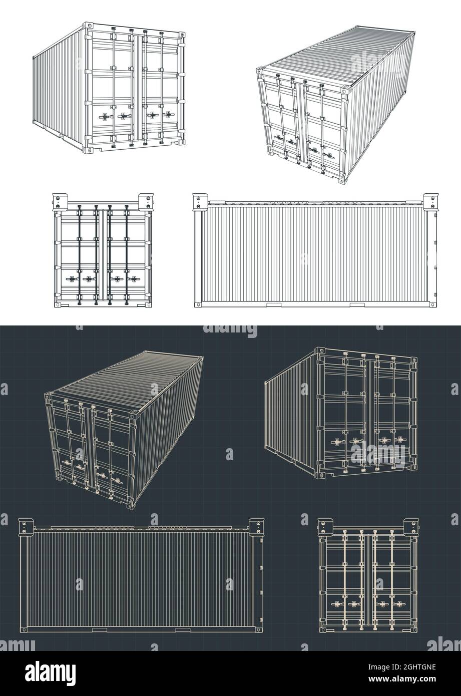 Stylized vector illustration of blueprints of shipping container Stock ...