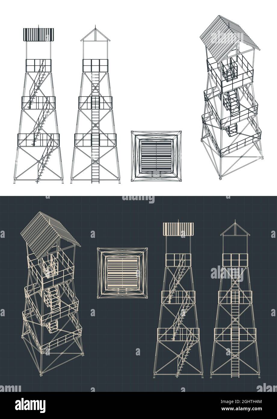 Stylized vector illustration of blueprints of guard tower Stock Vector ...