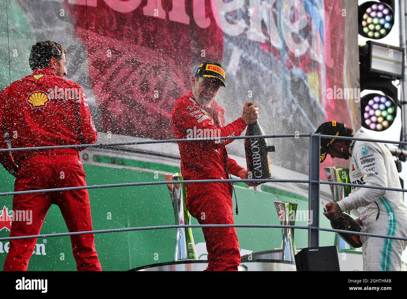 Race winner Charles Leclerc (MON) Ferrari celebrates on the podium. 08. ...