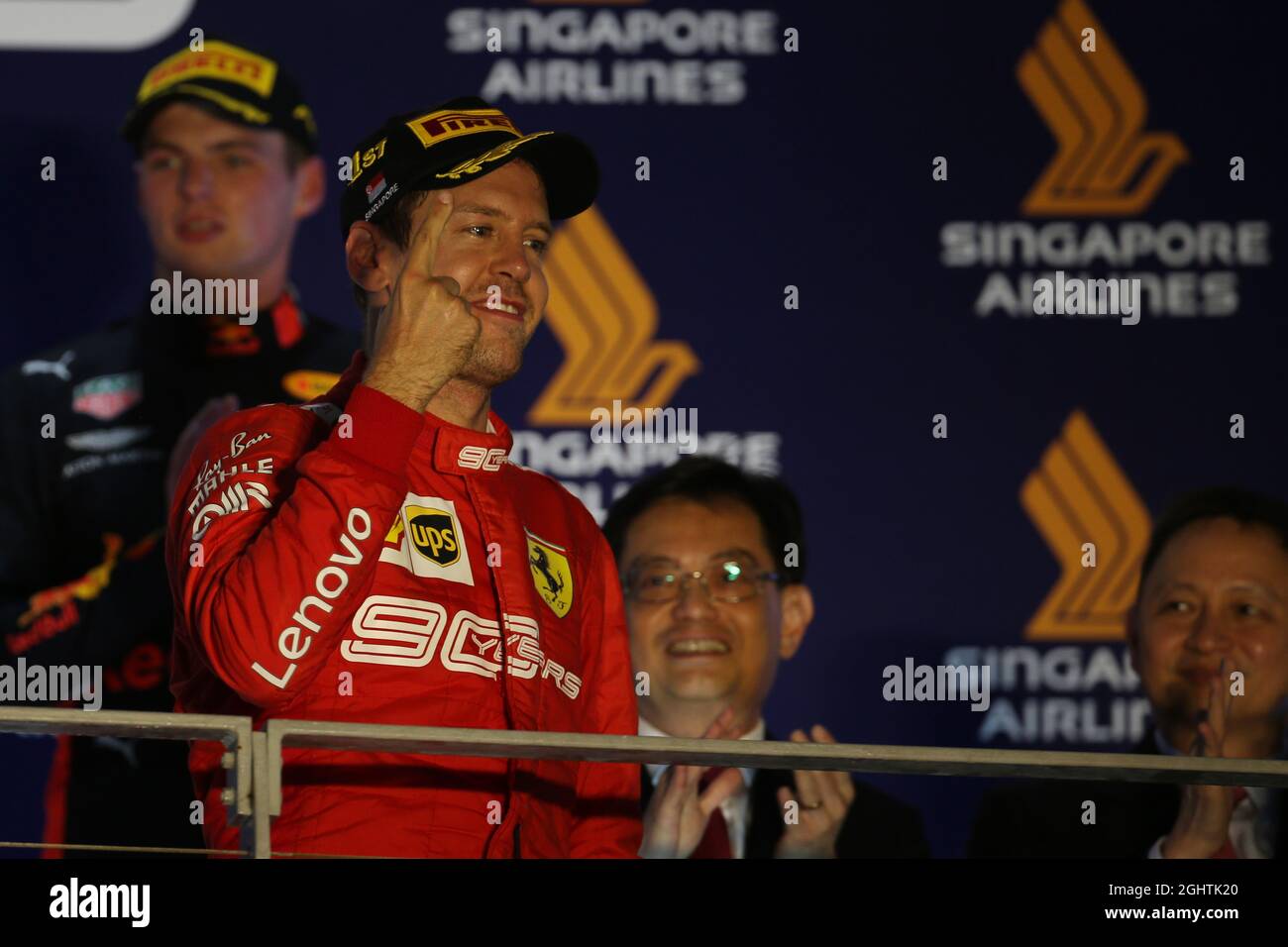 Race winner Sebastian Vettel (GER) Ferrari celebrates on the podium. 22 ...