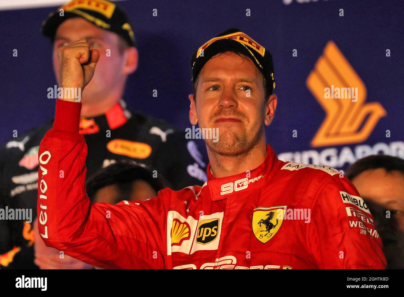 Race winner Sebastian Vettel (GER) Ferrari celebrates on the podium. 22 ...