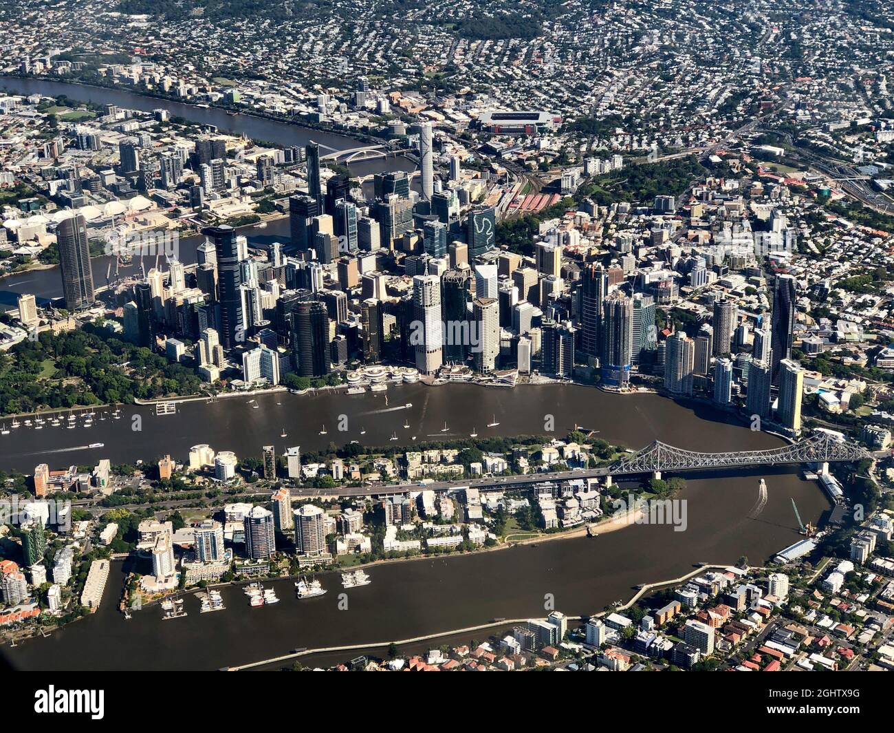 Aerial view of Story Bridge and Kangaroo Point, Brisbane, Queensland ...