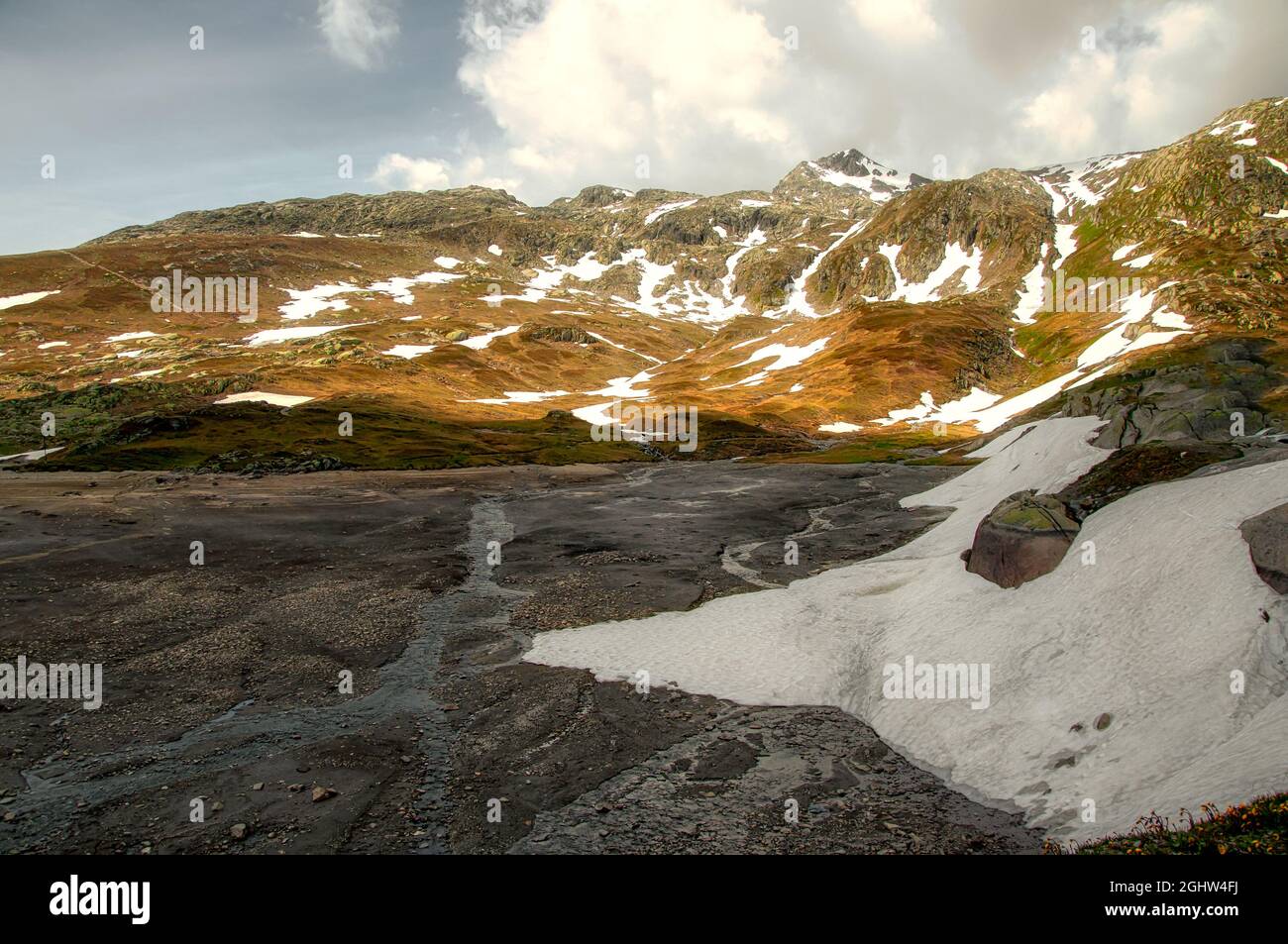 Melting snow in alpine mountain landscape in springtime, Switzerland ...