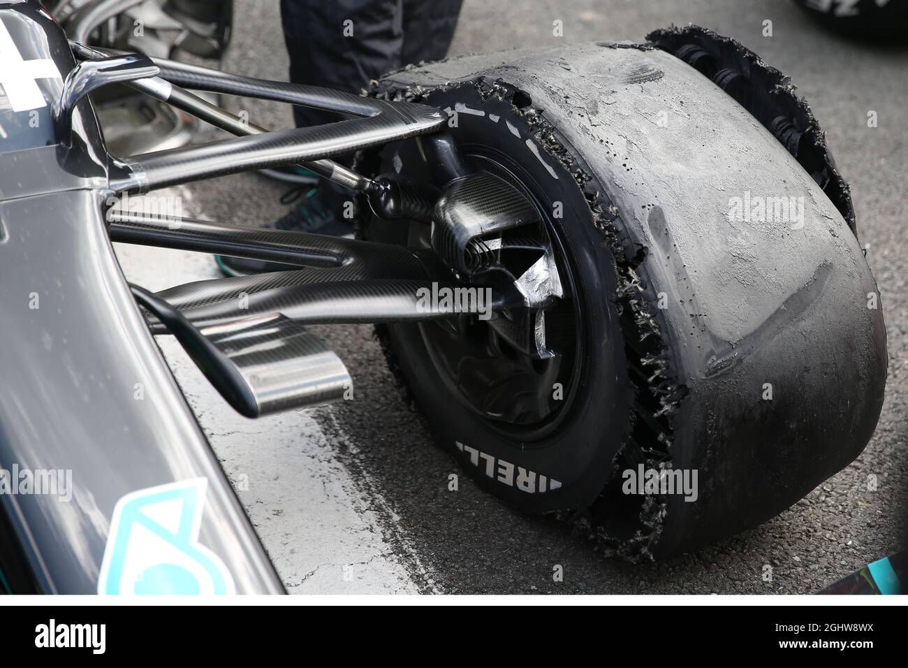 The punctured tyre on the Mercedes AMG F1 W11 of race winner Lewis ...