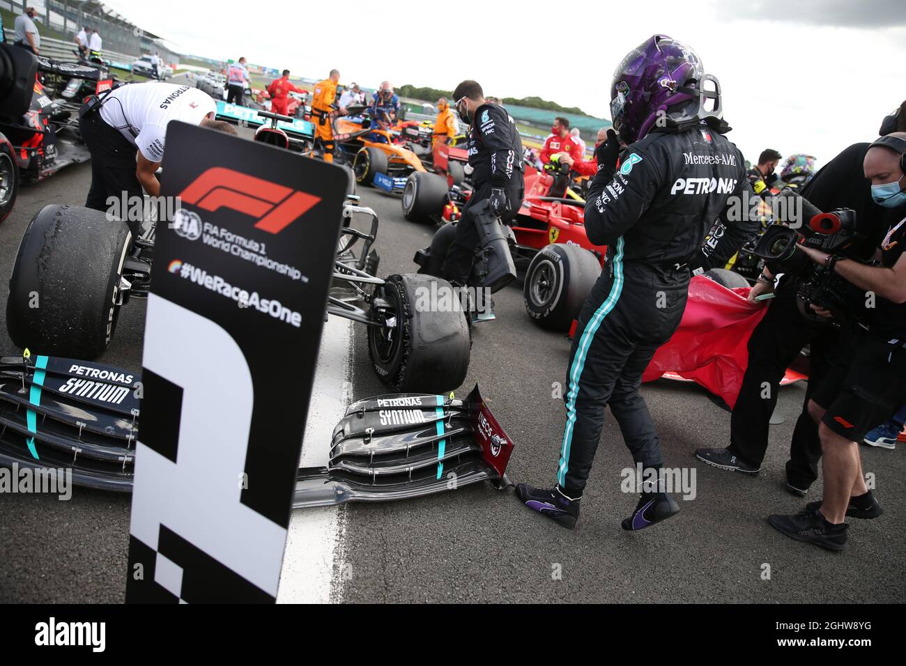 Race winner Lewis Hamilton (GBR) Mercedes AMG F1 W11 in parc ferme with ...