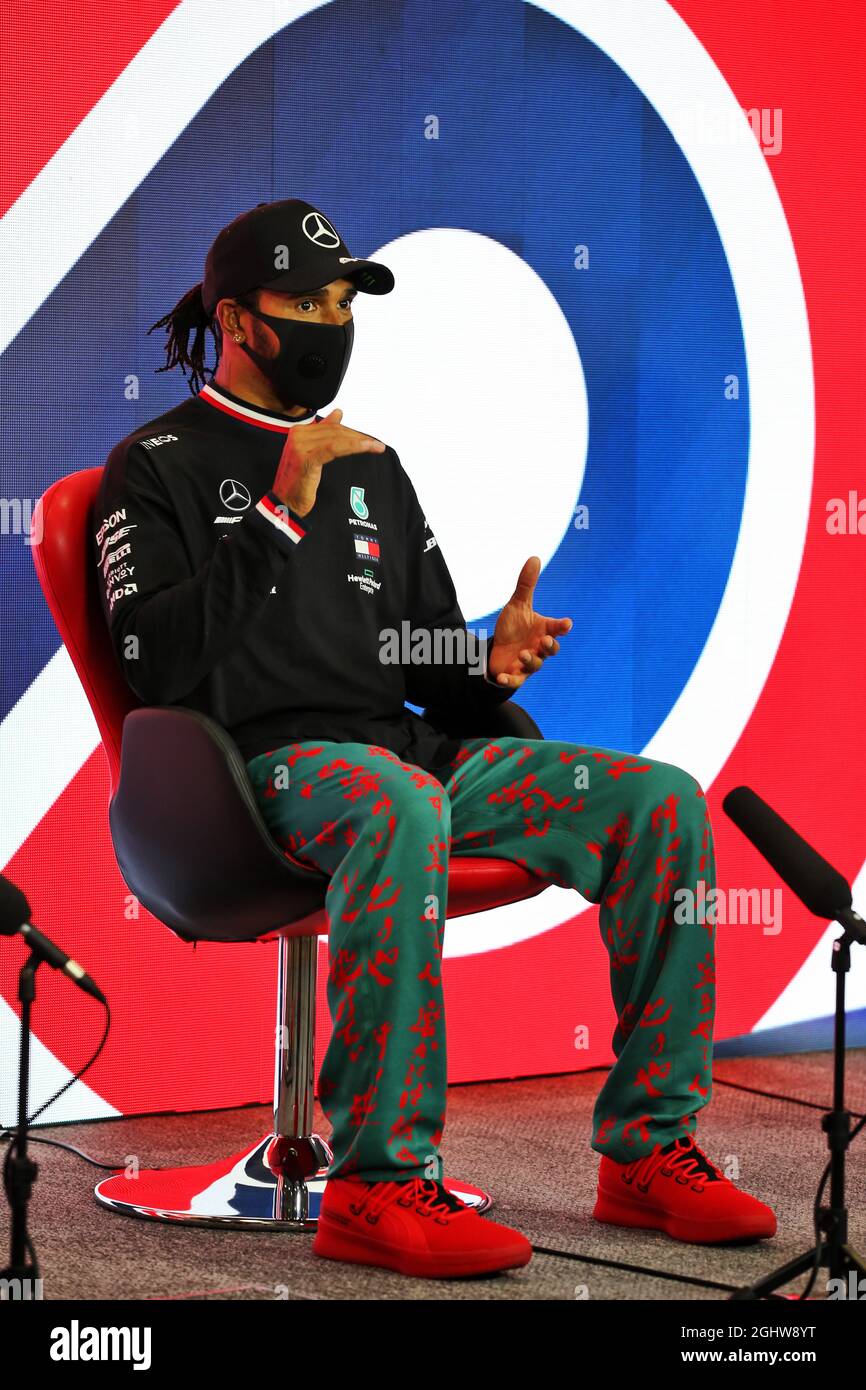 Race winner Lewis Hamilton (GBR) Mercedes AMG F1 in the post race FIA ...