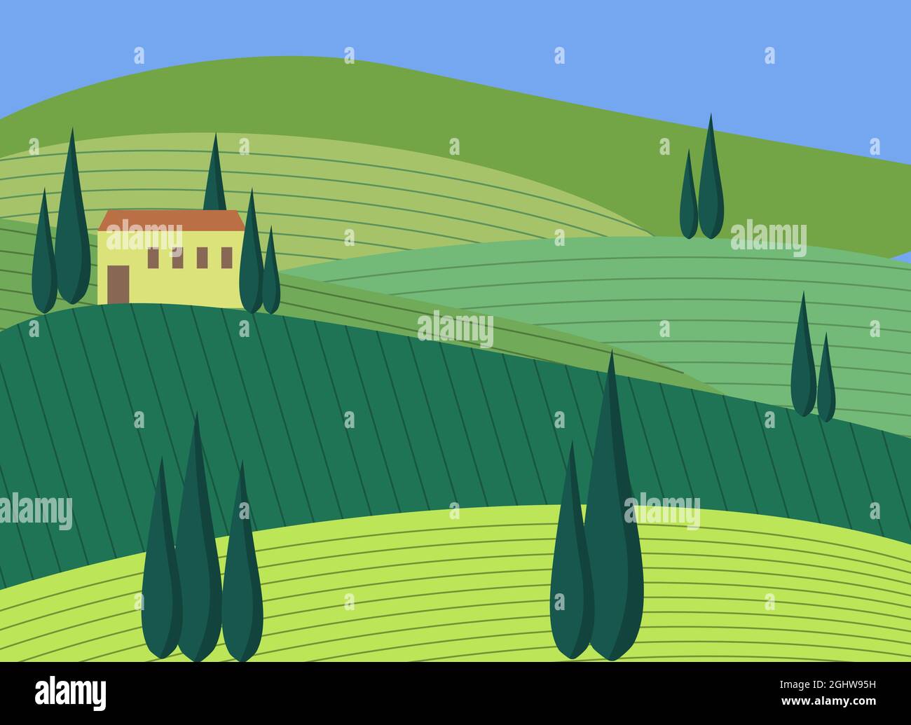 Italian landscape with green fields, house and pine trees. Vector ...