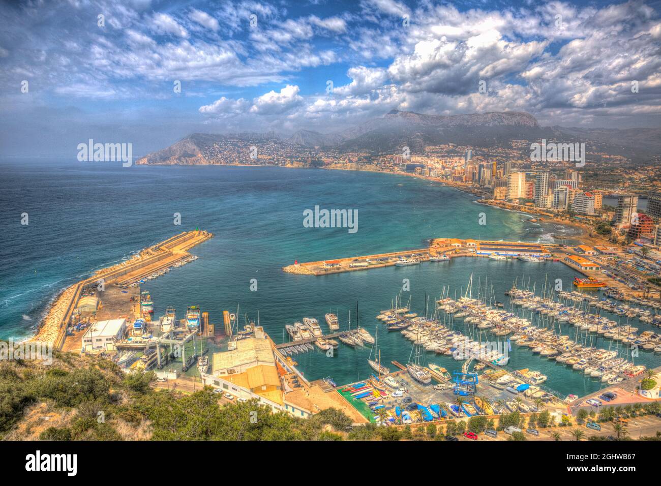 Calp Spain town and marina coast Costa Blanca from landmark rock ...