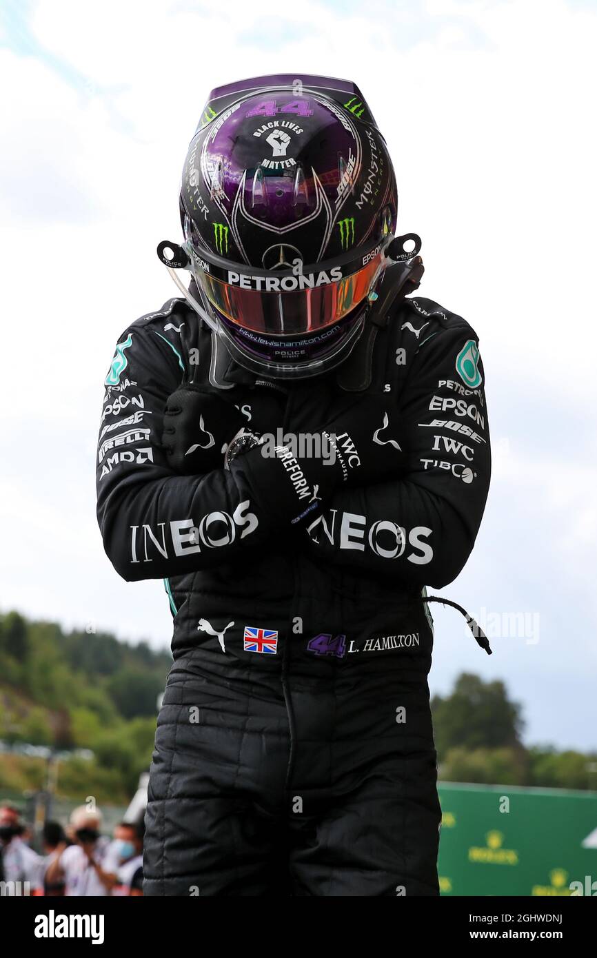 Race winner Lewis Hamilton (GBR) Mercedes AMG F1 W11 celebrates in parc ...