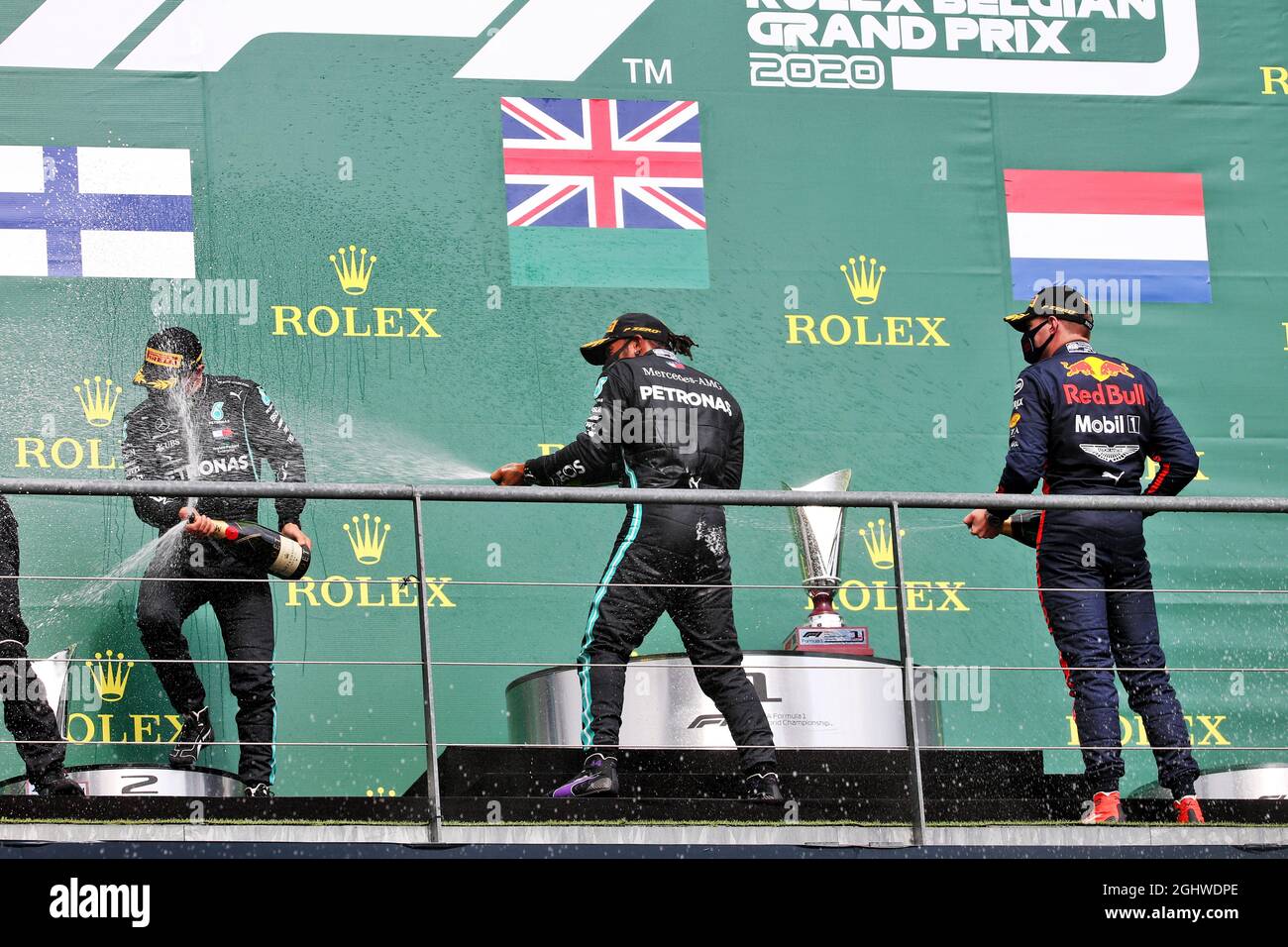 The podium (L to R): Valtteri Bottas (FIN) Mercedes AMG F1, second ...