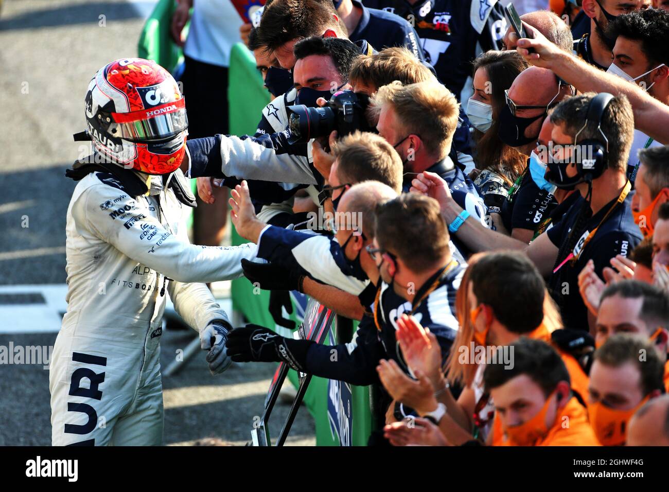 Race winner Pierre Gasly (FRA) AlphaTauri celebrates with the team in ...