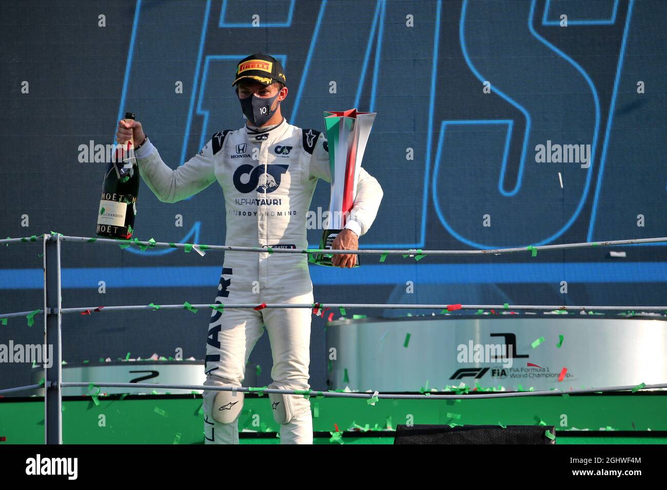Race winner Pierre Gasly (FRA) AlphaTauri celebrates on the podium. 06. ...