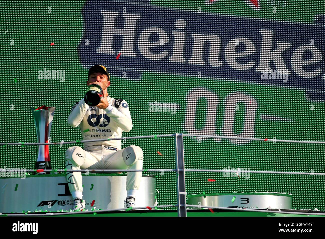 Race winner Pierre Gasly (FRA) AlphaTauri celebrates on the podium. 06. ...
