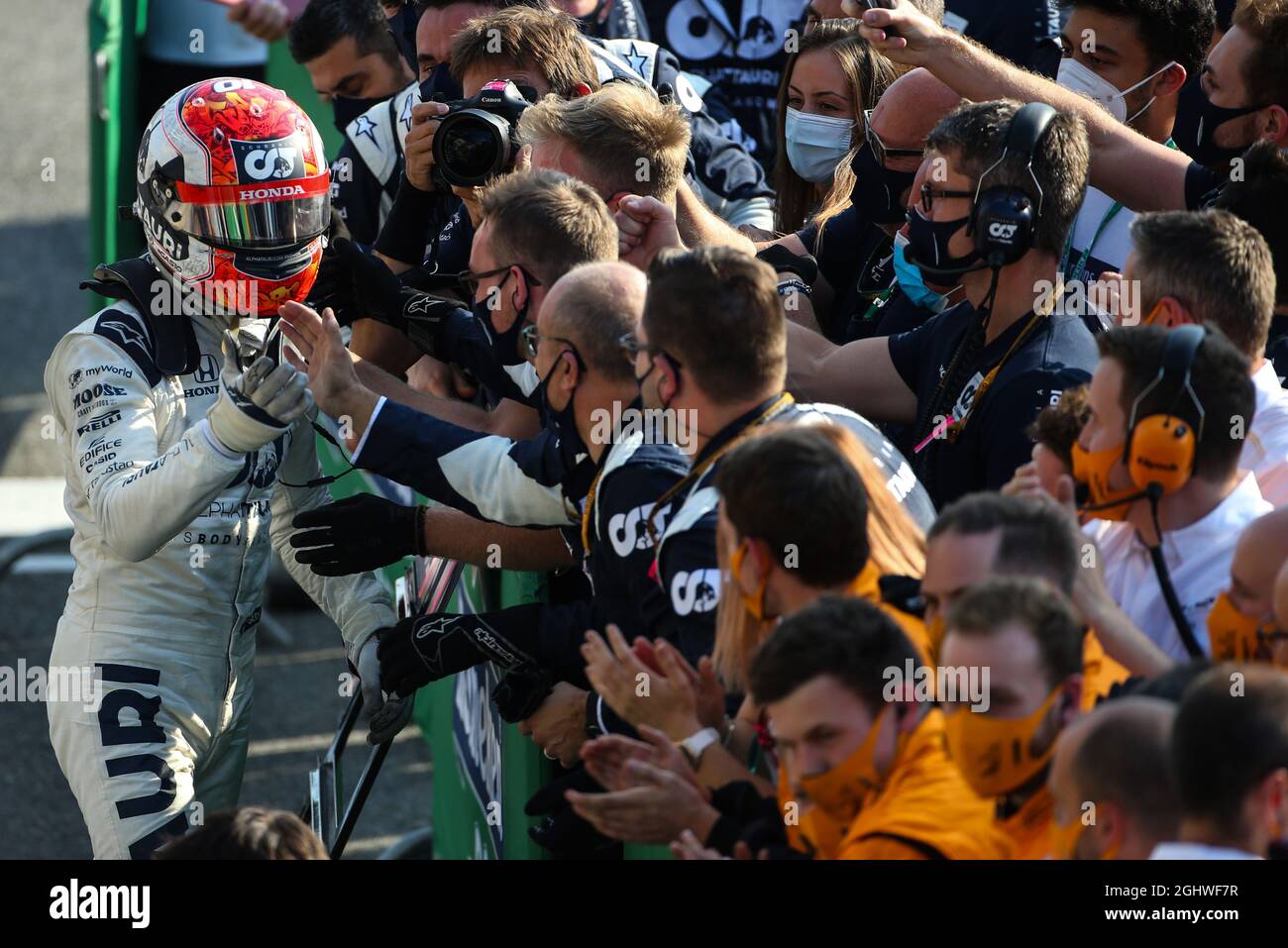 Race winner Pierre Gasly (FRA) AlphaTauri celebrates with the team in ...