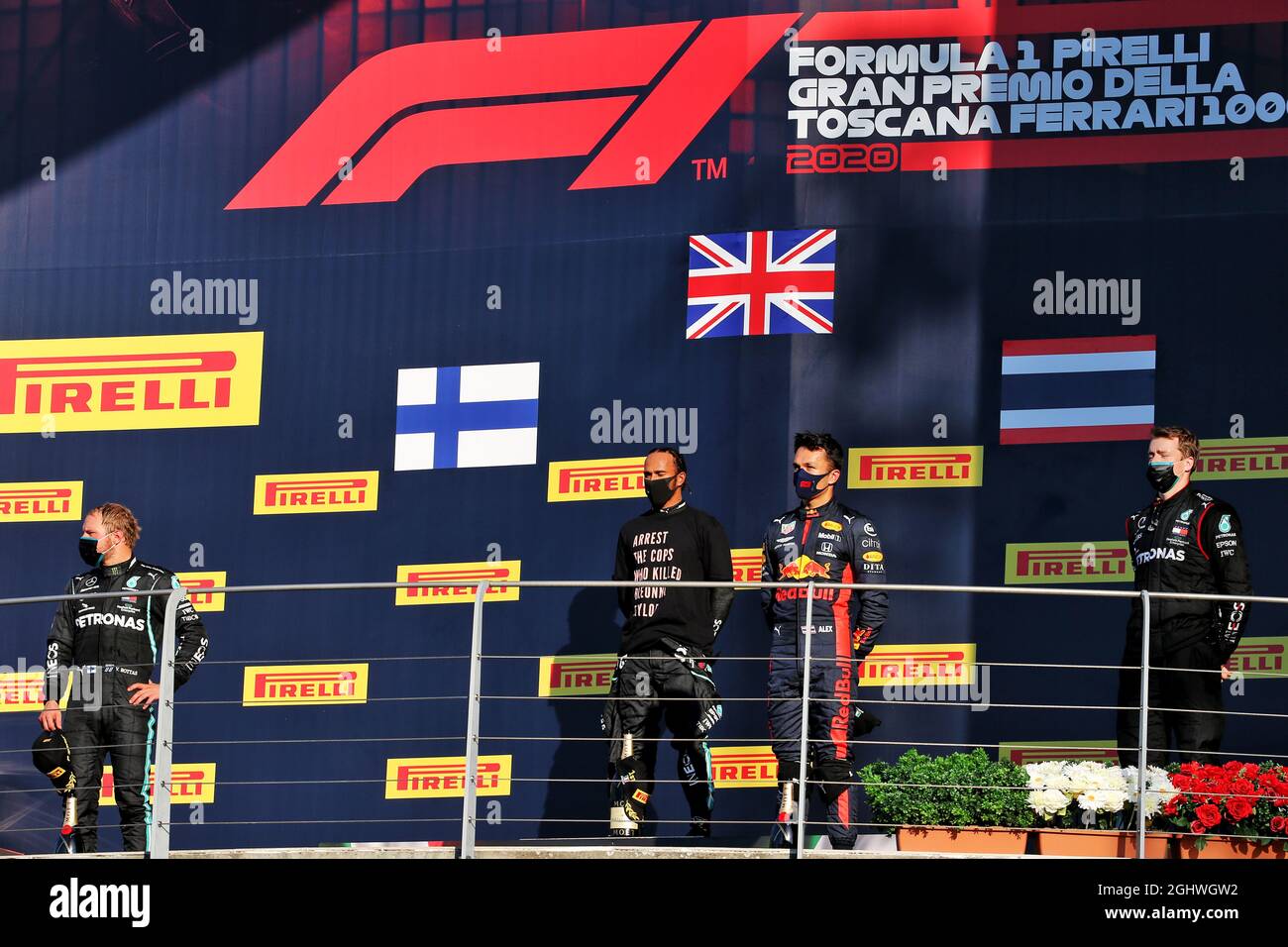 The podium (L to R): Valtteri Bottas (FIN) Mercedes AMG F1, second ...