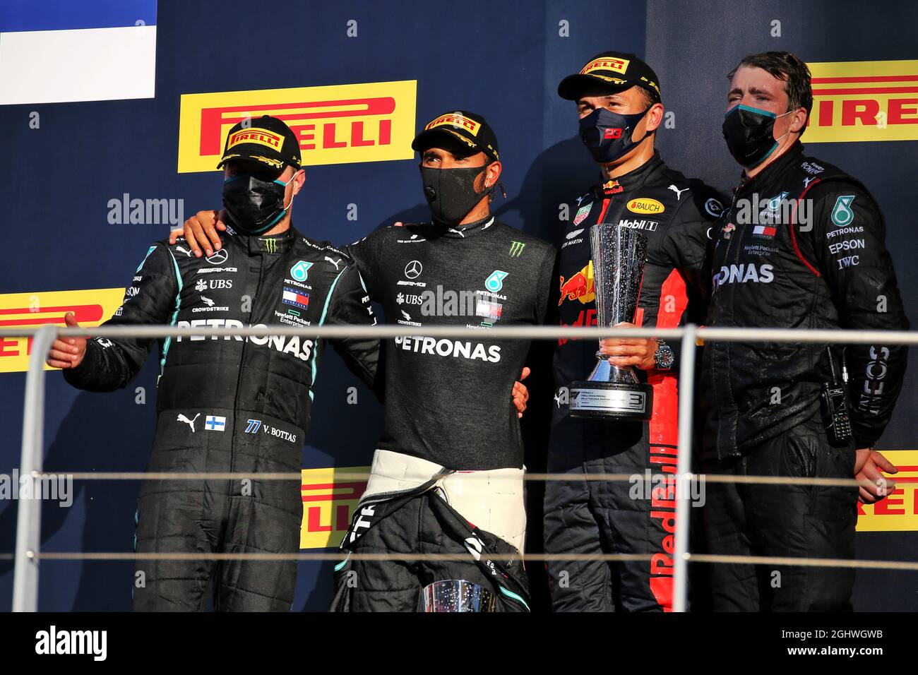 The podium (L to R): Valtteri Bottas (FIN) Mercedes AMG F1, second ...