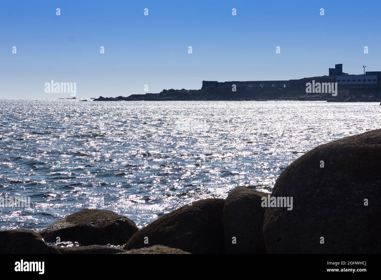 Marine views of the Atlantic Ocean, with calm sea and rocky coast Stock ...
