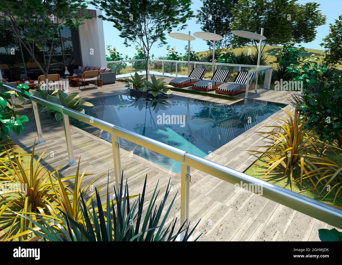 3D rendering of a mediterranean terrace exterior Stock Photo - Alamy