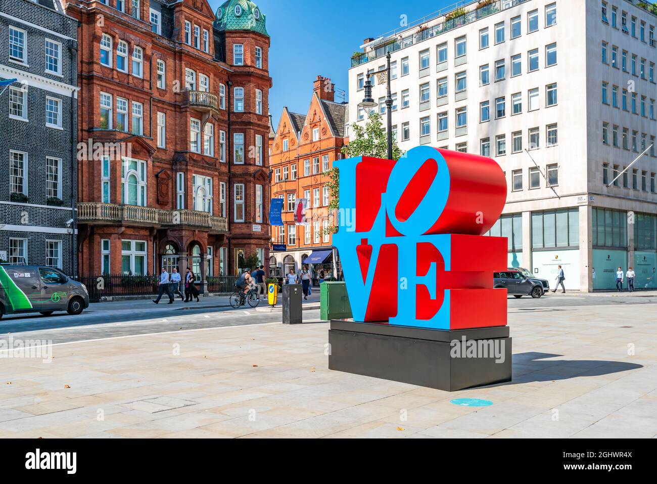 LONDON - SEPTEMBER 07, 2021: Letters "Love" on the pavement on Berkeley ...