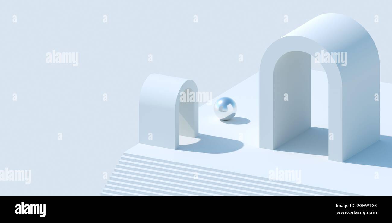 Minimal geometric still-life installation with arches, metallic sphere ...