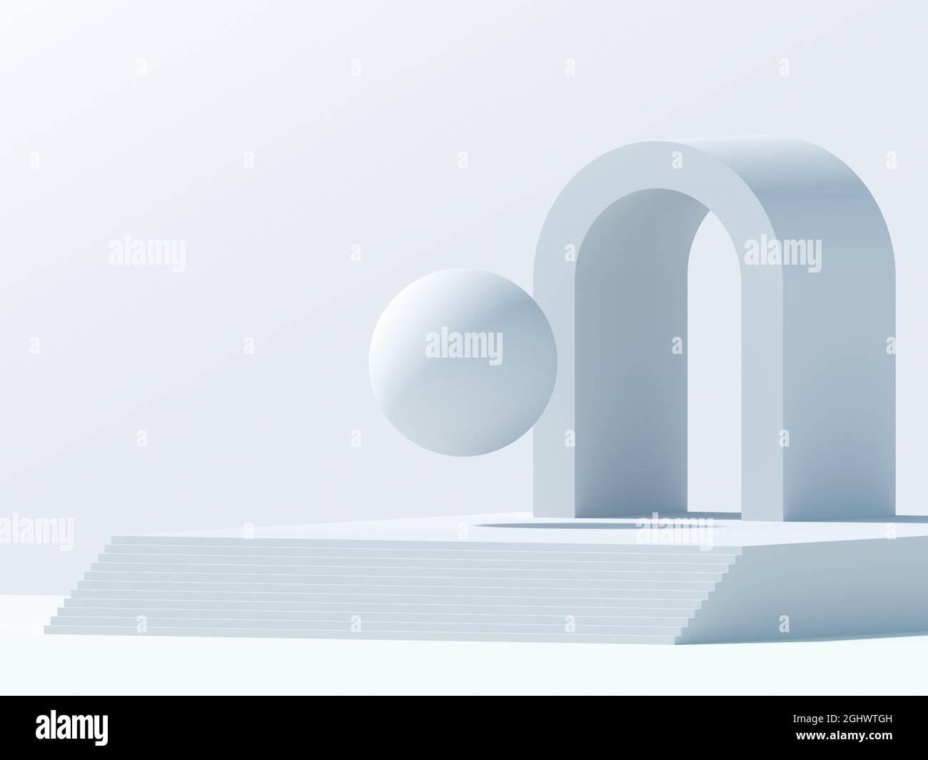 Minimal geometric still-life installation with an arch, flying sphere ...