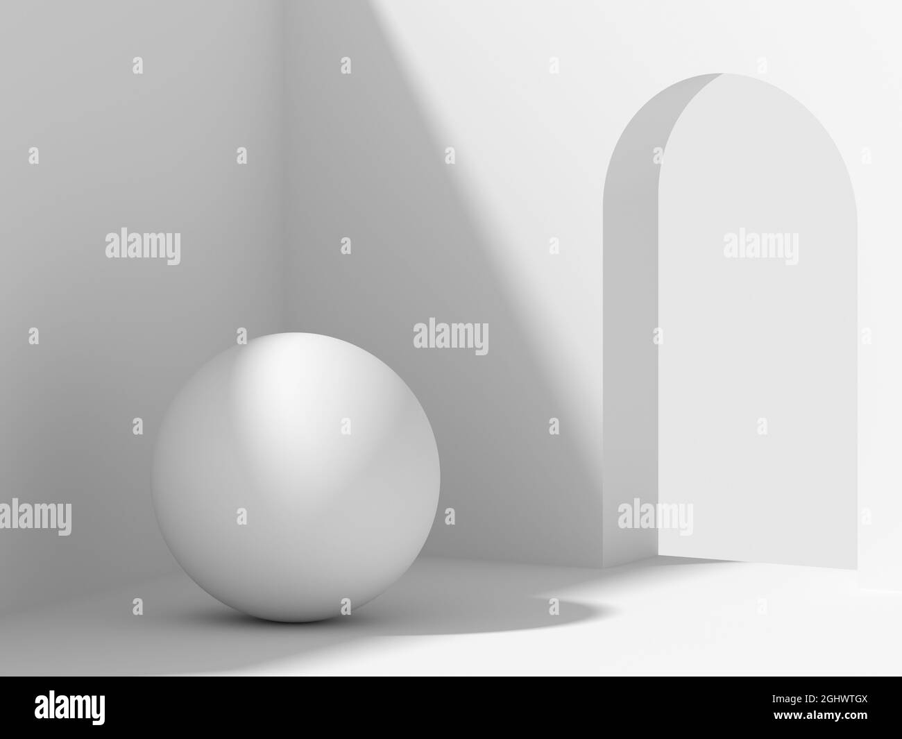 Minimal geometric still-life installation with white sphere and arch ...