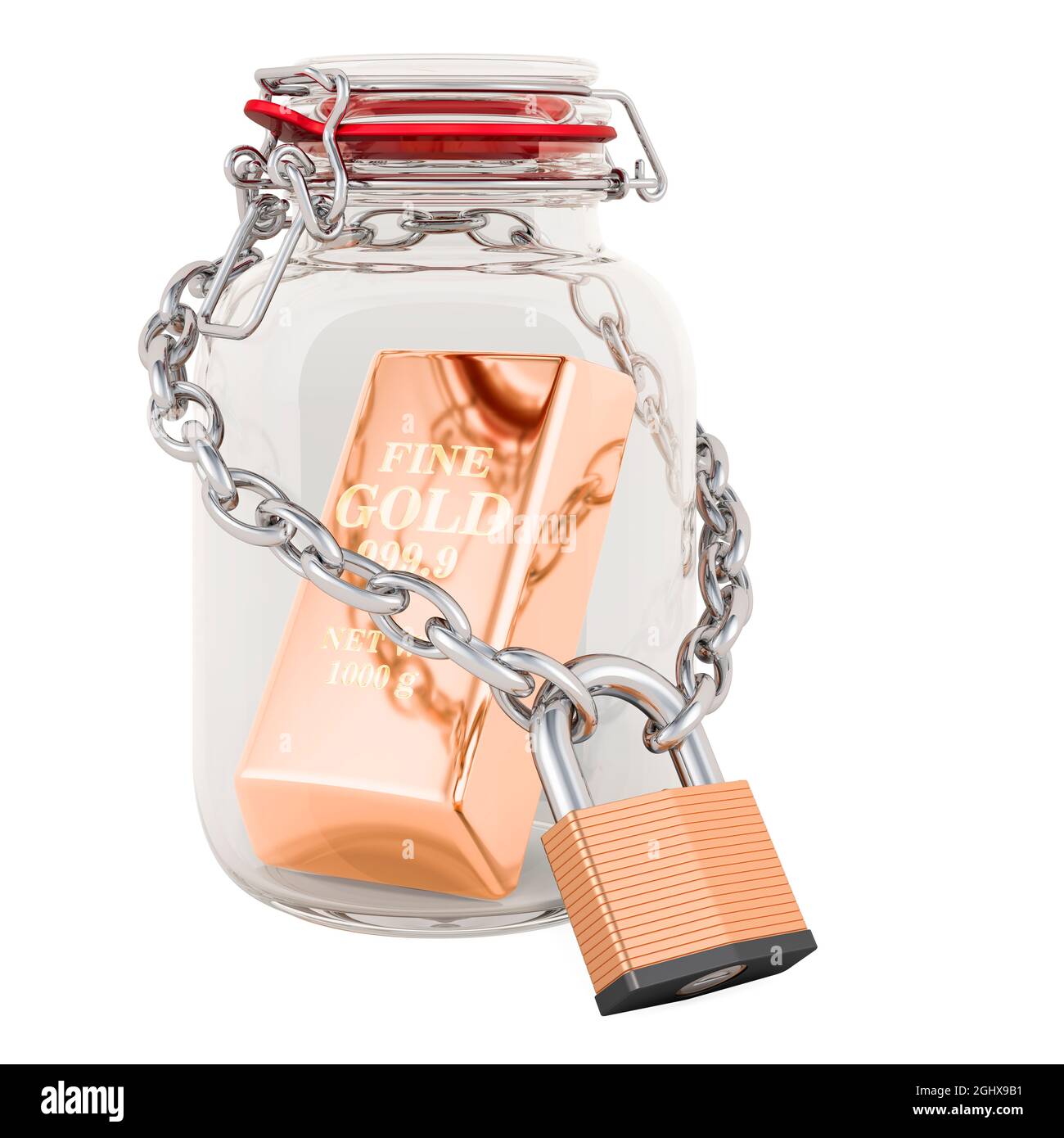 Golden bar inside glass jar with and padlock. 3D rendering isolated on ...
