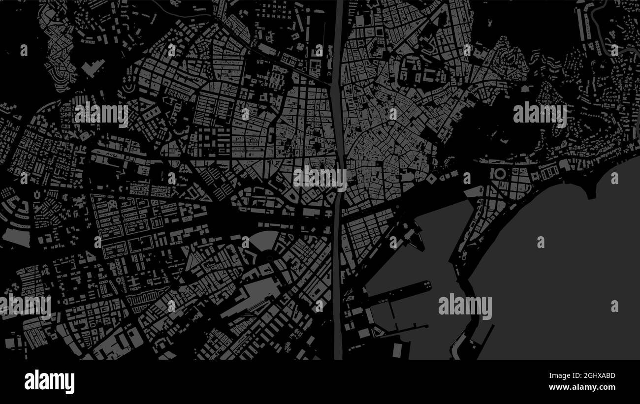 Dark black Malaga City area vector background map, streets and water ...