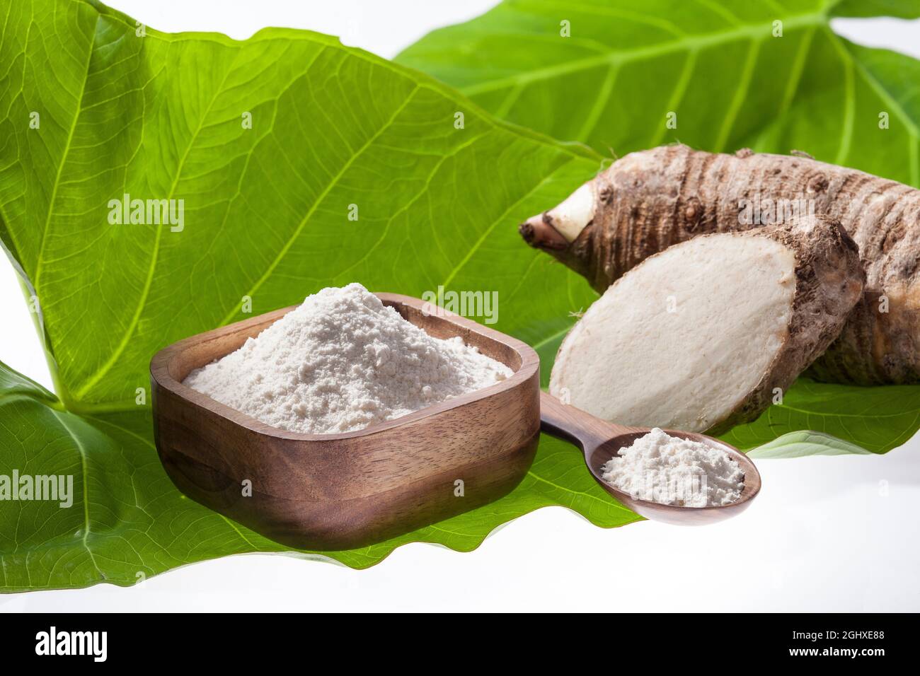 Taro Root of Colocasia esculenta and Organic Taro Flour in a bowl Stock ...