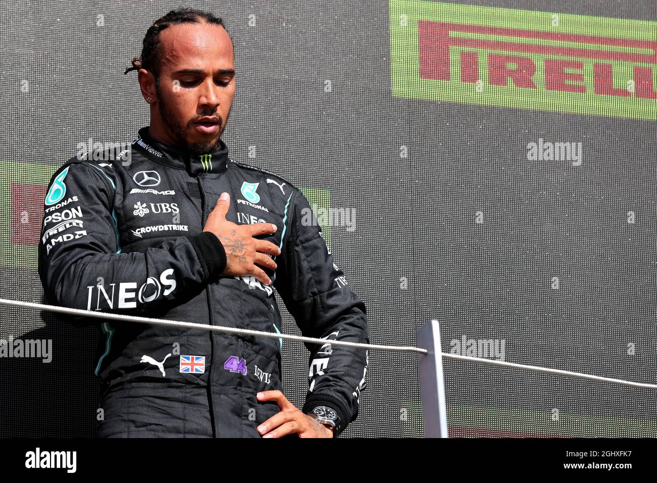 Race winner Lewis Hamilton (GBR) Mercedes AMG F1 on the podium. 18.07. ...
