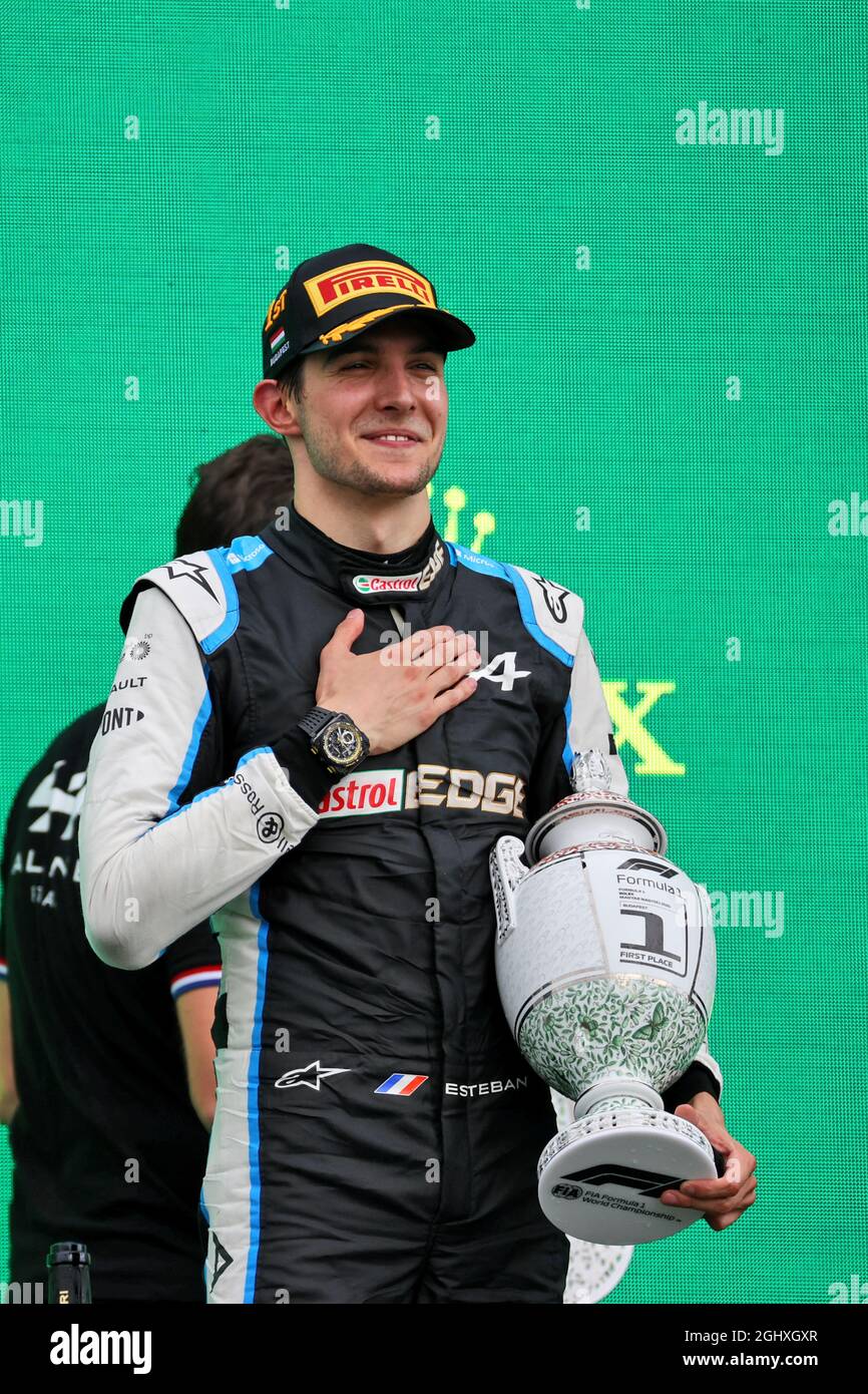 Race winner Esteban Ocon (FRA) Alpine F1 Team celebrates on the podium ...