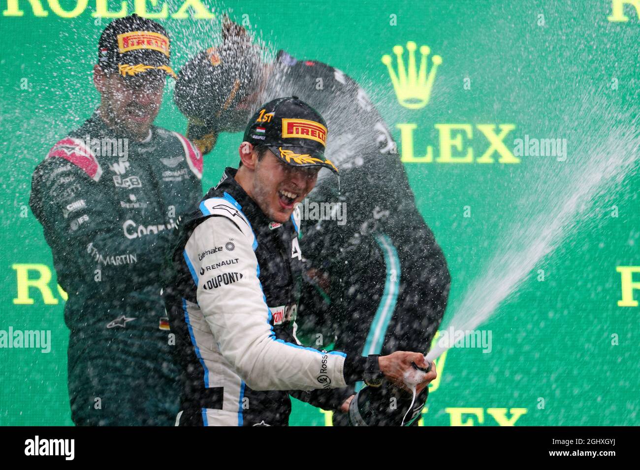 Race winner Esteban Ocon (FRA) Alpine F1 Team celebrates on the podium ...