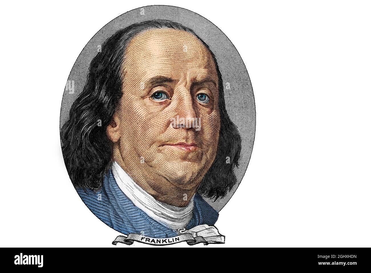 Benjamin Franklin cut on old 100 dollars banknote isolated on white ...
