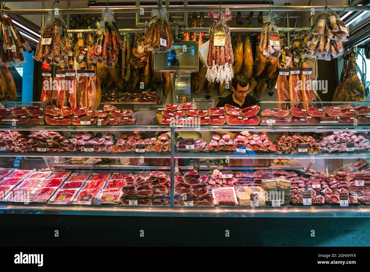 Barcelona, Spain. July 2018. Meat shop located in La Boqueria - a large ...