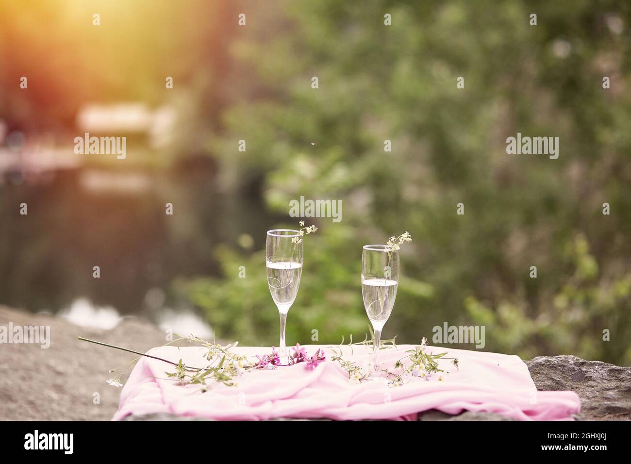 Beautiful autumn. Champagne with wildflowers outside. Photo picnic on ...