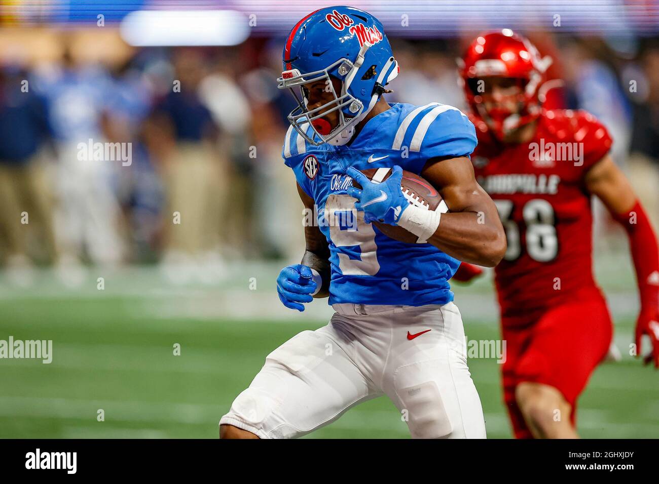 September 6, 2021: Jerrion Ealy (9) of Ole Miss steps into the end zone ...