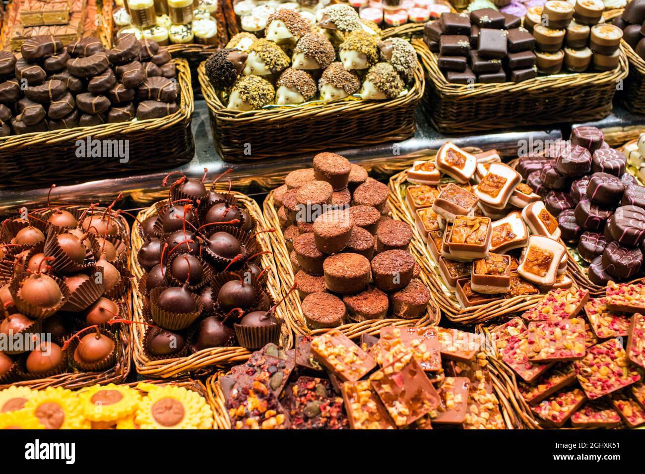 Barcelona, Spain. July 2018. Sweets on display in La Boqueria - a large ...