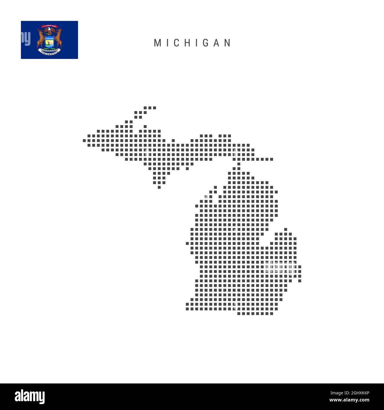 Square dots pattern map of Michigan. Dotted pixel map with flag isolated on white background ...
