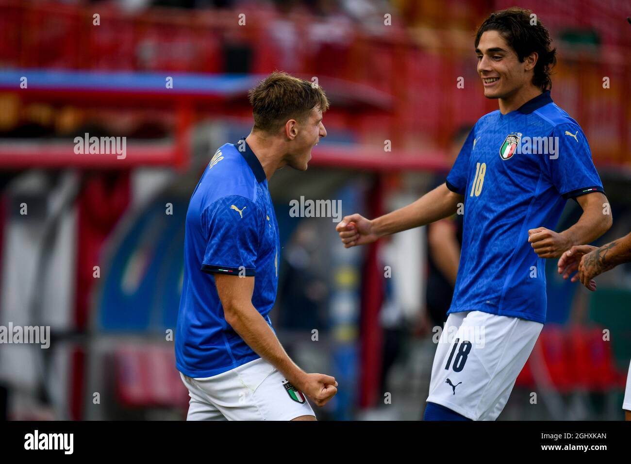 Lorenzo Colombo (Italy) celebrates after scoring a goal with teammate ...