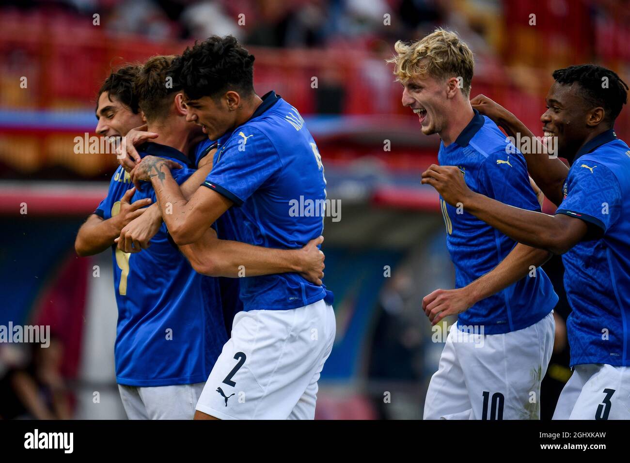 Lorenzo Colombo (Italy) celebrates after scoring a goal with teammates ...