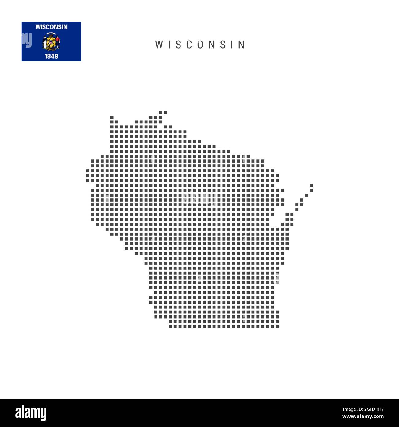 Square dots pattern map of Wisconsin. Dotted pixel map with flag isolated on white background ...