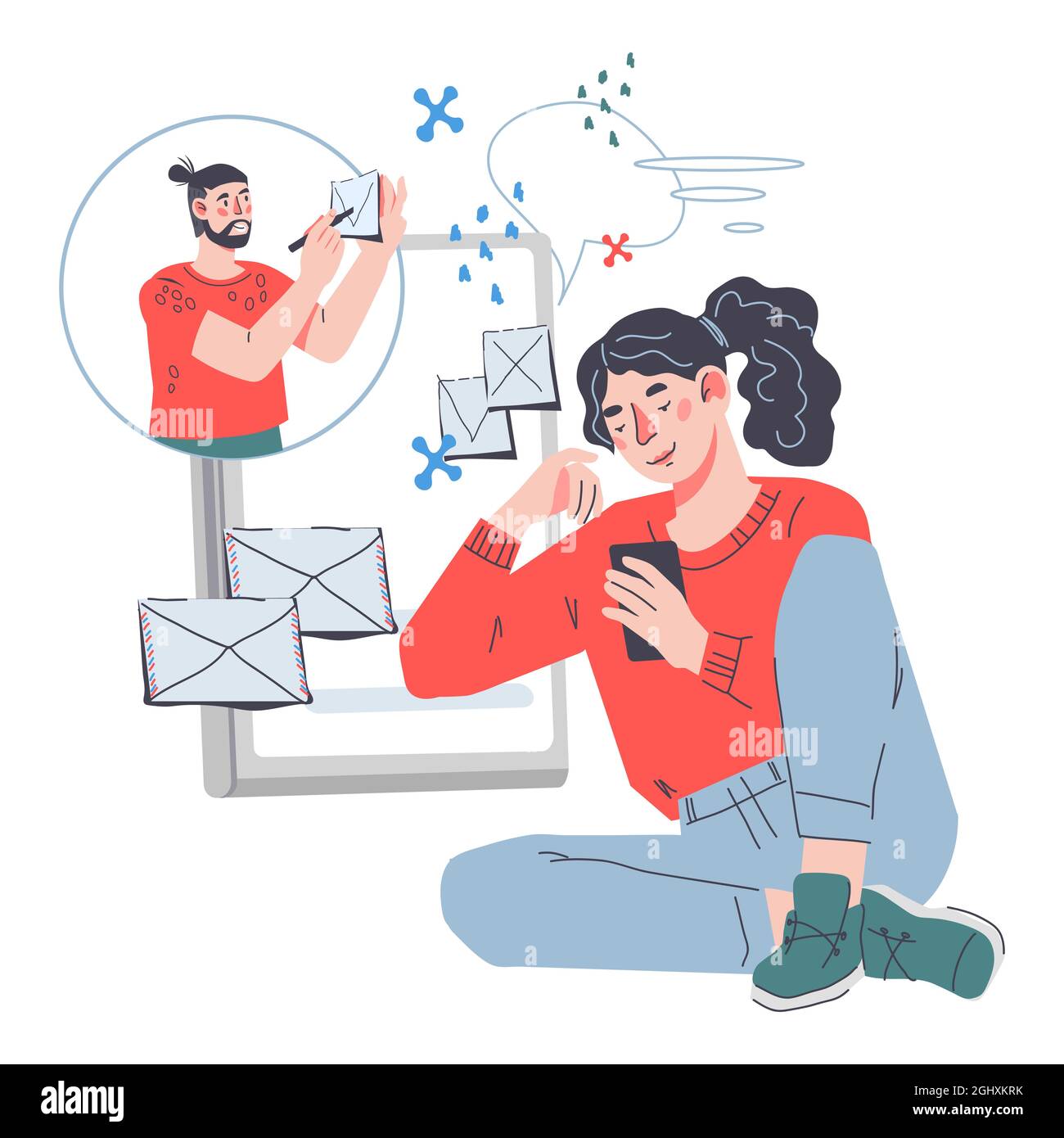 People sending mail and chatting online. Business working process ...