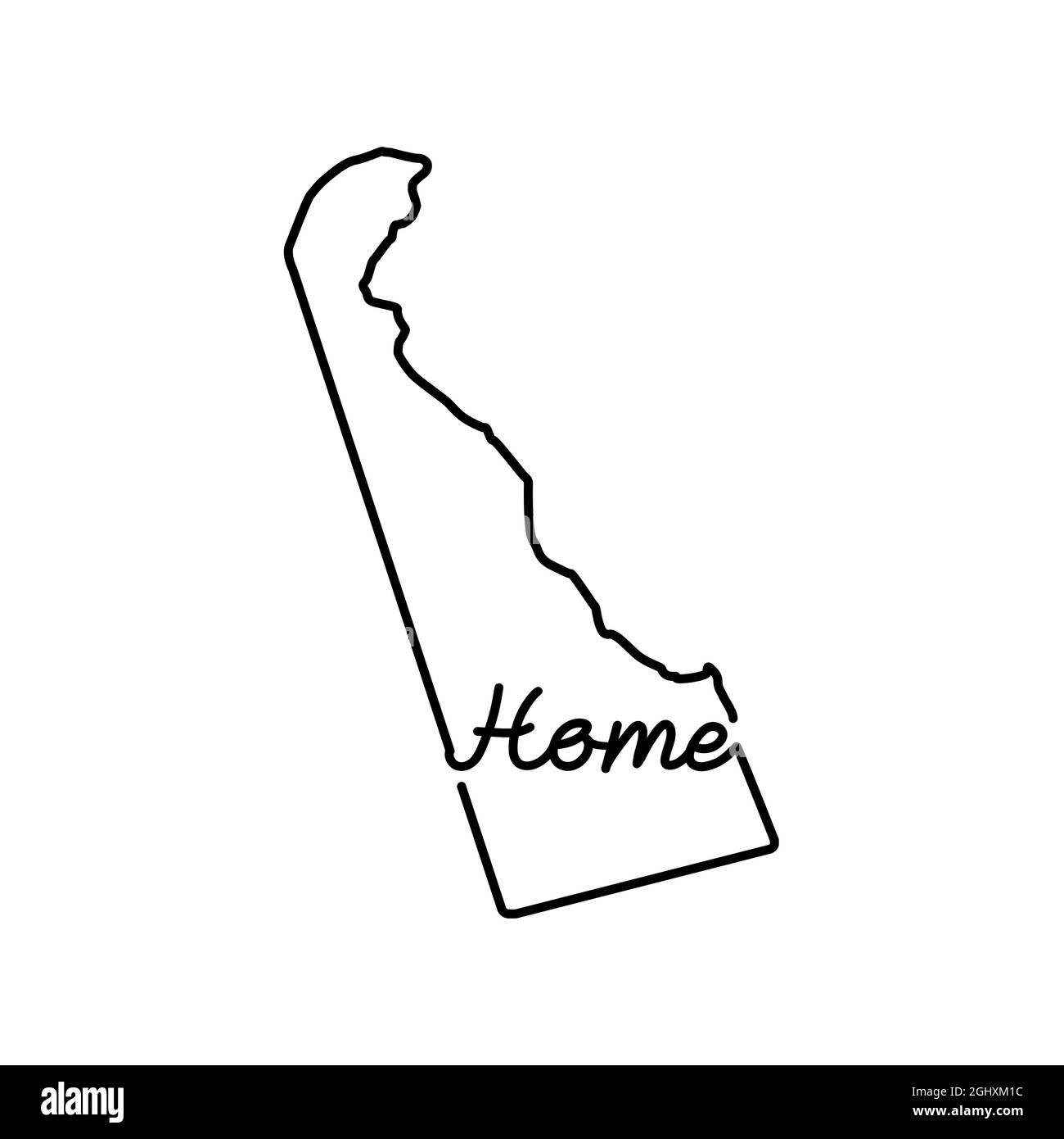 Delaware US state outline map with the handwritten HOME word ...