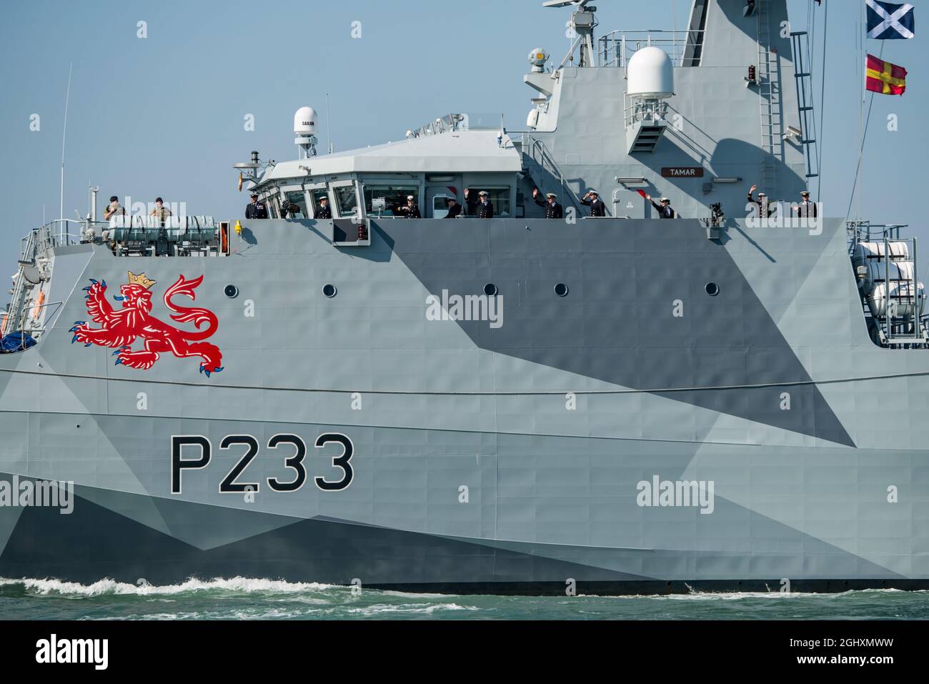 HMS Tamar (P233) departing Portsmouth, UK on the 7th September 2021 to ...