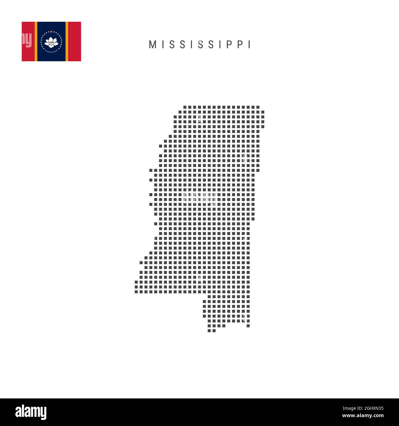 Square dots pattern map of Mississippi. Dotted pixel map with flag isolated on white background ...