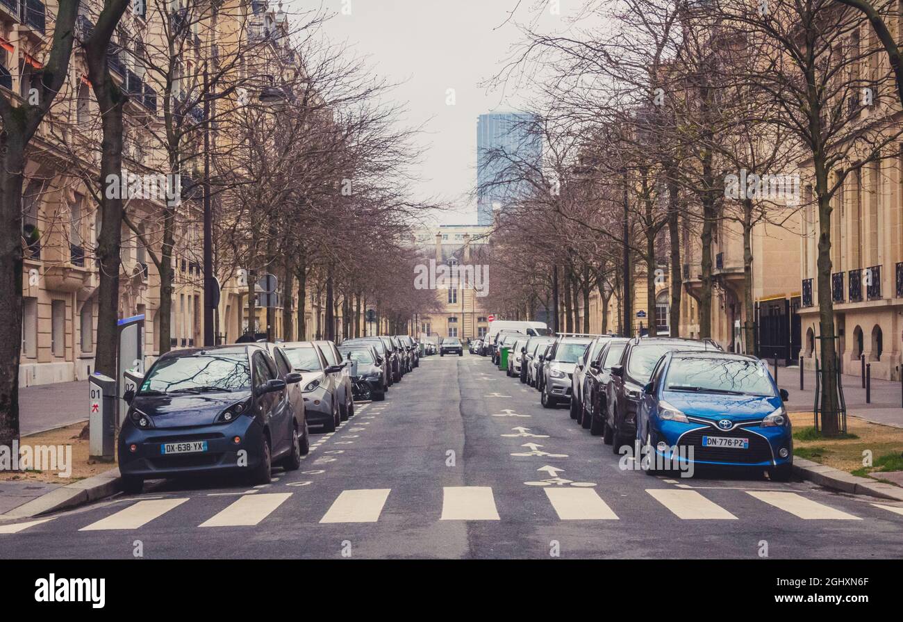 PARIS, FRANCE - Jan 04, 2018: A shot of colorful cars standing on the ...