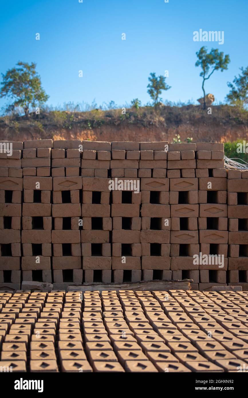 Hand made bricks from wet clay and mud are kept for drying before the ...