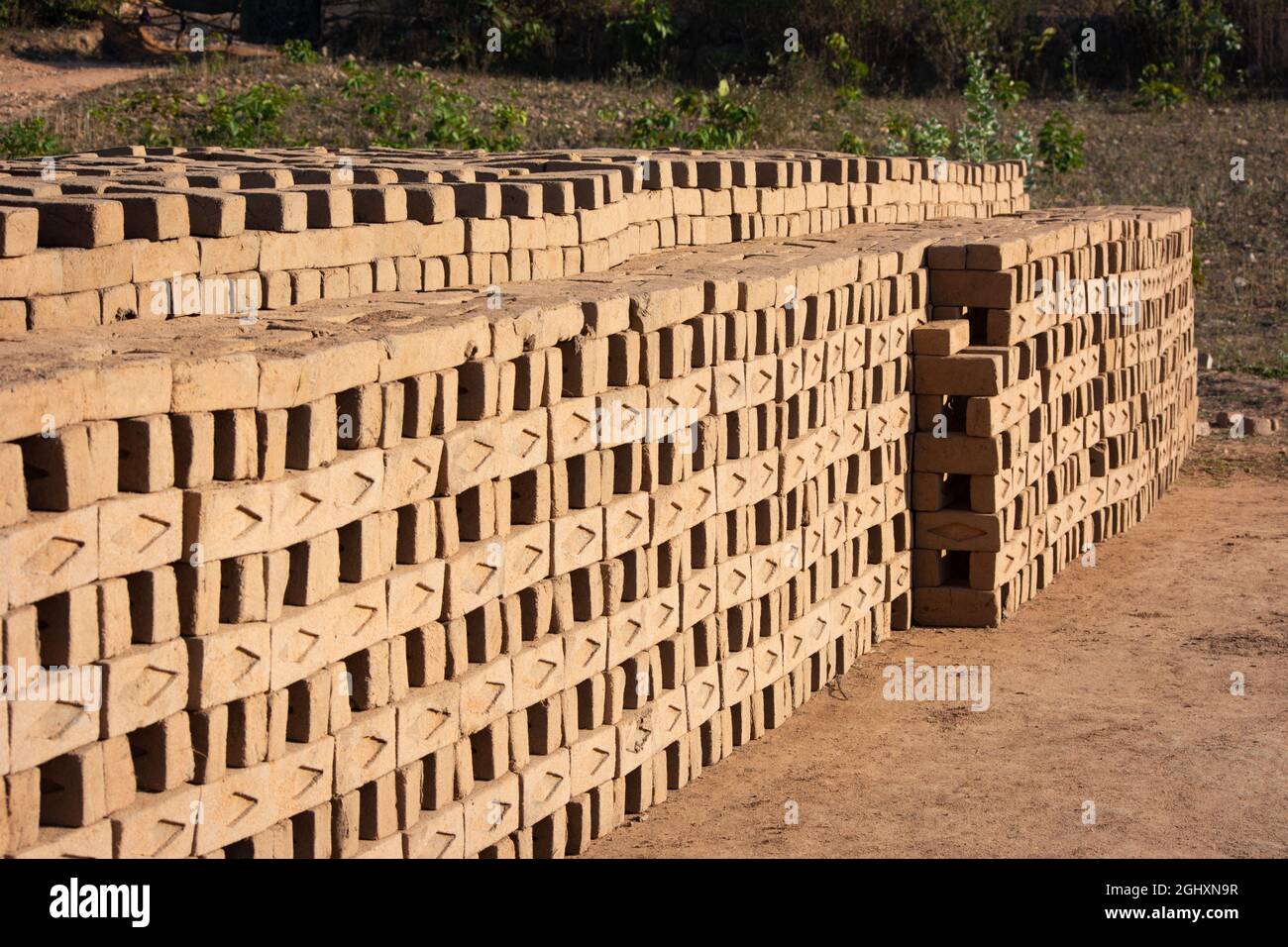Hand made bricks from wet clay and mud are kept for drying before the ...