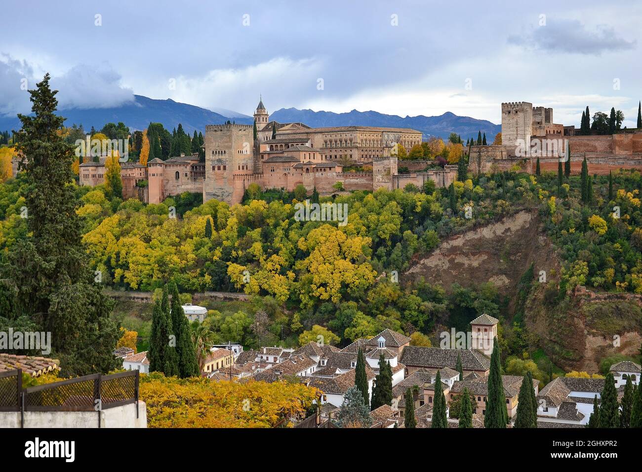 Landscape of the Alhambra on a cloudy day in autumn, the forest with ...